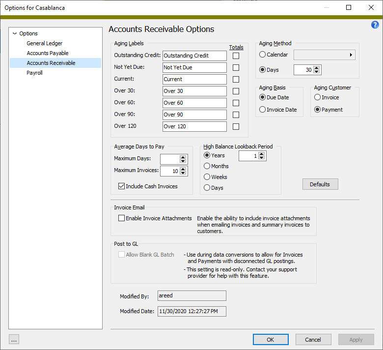 Accounts Receivable options