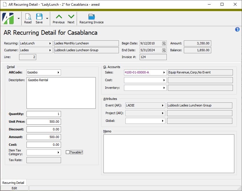 Recurring AR invoice detail
