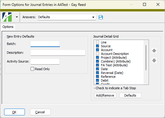 Journal entry options
